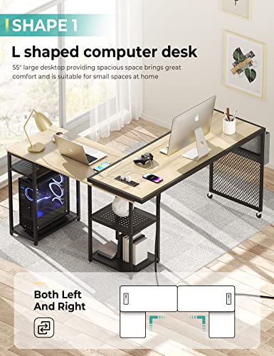 55" L Shaped Computer Desk with Power Outlets for Home Office Desks, Wooden Gaming Desk with Storage Shelves/Bag, Modern Simple Corner Desk for Small Space Student Study Writing L Shaped Desk, Oak