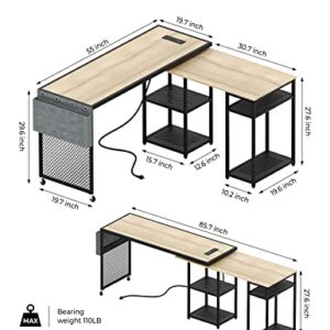 55" L Shaped Computer Desk with Power Outlets for Home Office Desks, Wooden Gaming Desk with Storage Shelves/Bag, Modern Simple Corner Desk for Small Space Student Study Writing L Shaped Desk, Oak