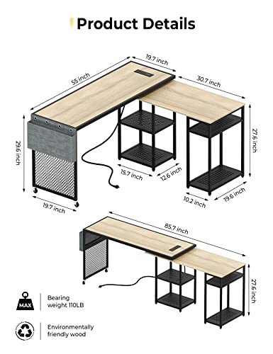 55" L Shaped Computer Desk with Power Outlets for Home Office Desks, Wooden Gaming Desk with Storage Shelves/Bag, Modern Simple Corner Desk for Small Space Student Study Writing L Shaped Desk, Oak