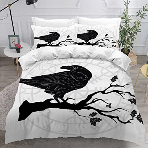 Quilt Cover Twin Size Viking Crow 3D Bedding Sets Odin's Raven Duvet Cover Breathable Hypoallergenic Stain Wrinkle Resistant Microfiber with Zipper Closure,beding Set with 2 Pillowcase