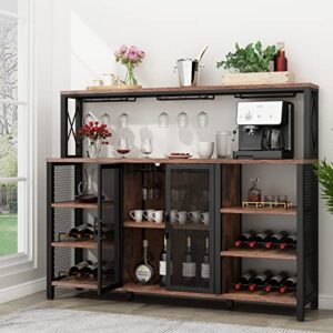 gyfimoie wine bar cabinet, 55 inches kitchen sideboard buffet cabinet with wine rack storage, industry coffee bar cabinet with wine rack and glass holder for liquor and glasses (rustic)