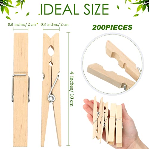 Marsui 200 Pcs Large Clothes Pins Wooden Clothespins 4 Inch Wood Clothes Pins Heavy Duty Outdoor for Outside Hanging Clothes Laundry DIY Craft Pictures Photos (Natural Color)