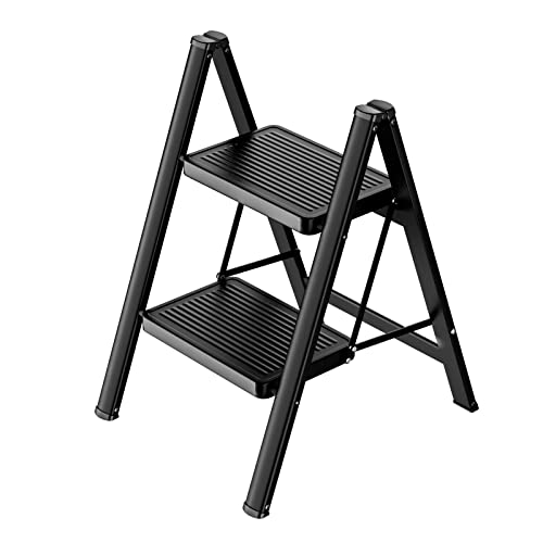 Step Ladder 2 Step Folding Step Stool Metal Adults Step Stools Non-Slip Pedal Decorative Small Portable Ladder Kitchen Lightweight Home Office Ladders, Black