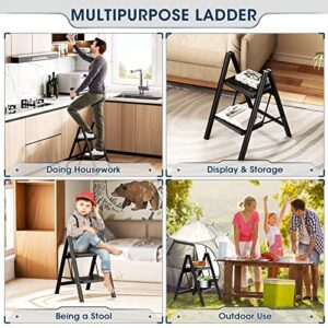 Step Ladder 2 Step Folding Step Stool Metal Adults Step Stools Non-Slip Pedal Decorative Small Portable Ladder Kitchen Lightweight Home Office Ladders, Black