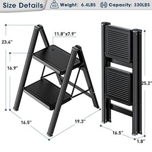 Step Ladder 2 Step Folding Step Stool Metal Adults Step Stools Non-Slip Pedal Decorative Small Portable Ladder Kitchen Lightweight Home Office Ladders, Black