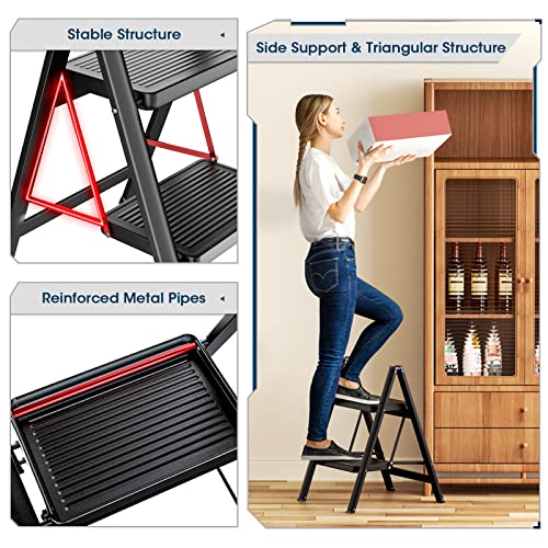 Step Ladder 2 Step Folding Step Stool Metal Adults Step Stools Non-Slip Pedal Decorative Small Portable Ladder Kitchen Lightweight Home Office Ladders, Black