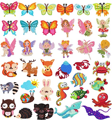 DDYUNLY 5D Diamond Painting Sticker Kits for Kids, 38 Pcs Cartoon DIY Diamond Art Animal Sticker for Girls Boys Beginner Diamond Painting Kits, Cute Digital Diamond Paint for Children