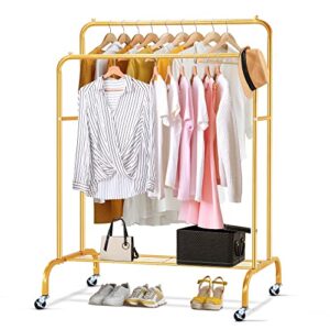 sapodilla double rod garment rack with shelf,heavy duty hanging clothes rack with wheels,rolling clothing rack for hanging clothes,clothes hanger rack,metal frame,gold