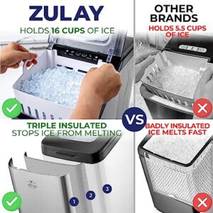 Zulay 3X Size Soft Ice Maker with Water Line Hook Up - Extra Large Storage, 16 Cups of Chewable Ice with No Waiting - Self-Cleaning Pebble Ice Makers - Stainless Steel Sonic Nugget Ice Maker