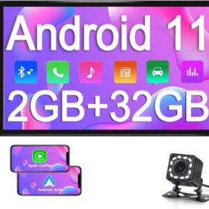 (2GB+32GB) Android 11 Car Stereo Double Din 10.1 Inch Touch Screen Car Radio GPS Navigation Bluetooth FM Radio Support WiFi Mirror Link for Android/iOS Phone + Dual USB Input & 12 LEDs Backup Camera