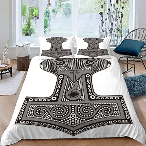 Quilt Cover Queen Size Thor's Hammer 3D Bedding Sets Viking Duvet Cover Breathable Hypoallergenic Stain Wrinkle Resistant Microfiber with Zipper Closure,beding Set with 2 Pillowcase