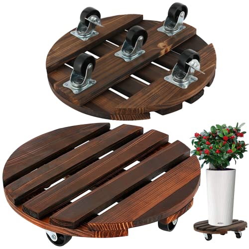 Silkchio Plant Caddy with Wheels, 2 Pack Rolling Plant Stand 12 Inch, 5 Lockable Wheels Heavy Duty Round Plant Dolly for Indoor Outdoor, Wooden Plant Roller Base, Potted Plant Mover, Trash Can Dolly