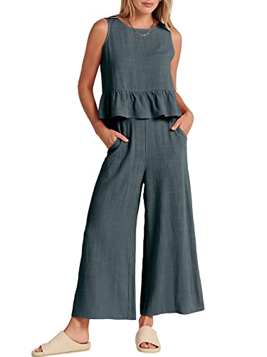 ANRABESS Two Piece Outfits for Women Cruise Resort Wear 2023 Summer Set Vacation Sleeveless Linen Crop Tank Top Casual Matching Lounge Sets Tracksuits Long Pants Jumpsuits Clothes 817shenhui-L