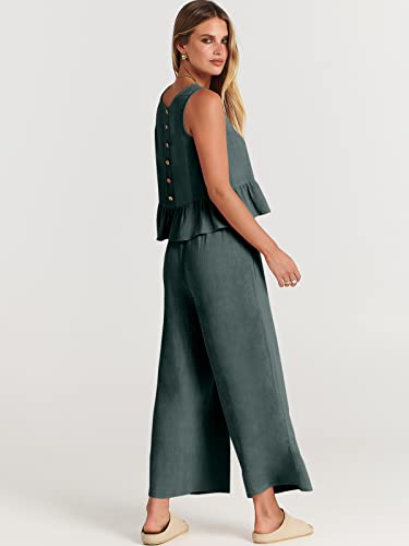 ANRABESS Two Piece Outfits for Women Cruise Resort Wear 2023 Summer Set Vacation Sleeveless Linen Crop Tank Top Casual Matching Lounge Sets Tracksuits Long Pants Jumpsuits Clothes 817shenhui-L