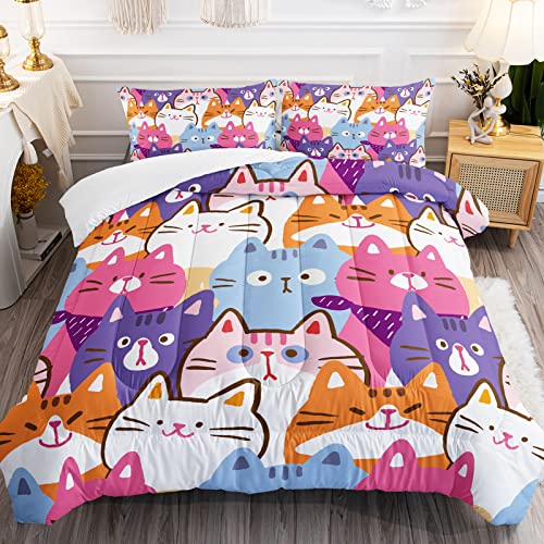 BSNTHO Cute Cat Comforter Set for Kids Boys Girls Cartoon Cat Kawaii Bedding Sets Full Size Kitten Comforter with 2 Pillowcases for All Season Skin-Friendly Lightweight