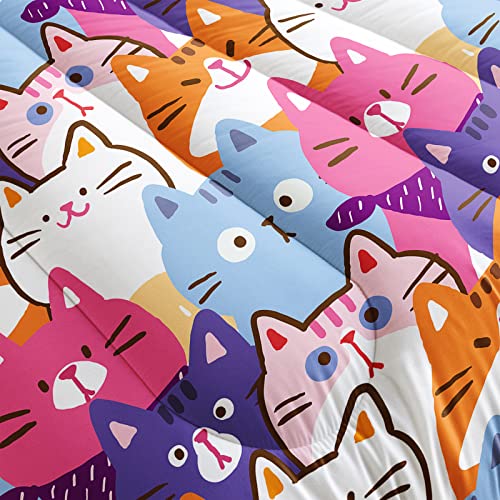 BSNTHO Cute Cat Comforter Set for Kids Boys Girls Cartoon Cat Kawaii Bedding Sets Full Size Kitten Comforter with 2 Pillowcases for All Season Skin-Friendly Lightweight