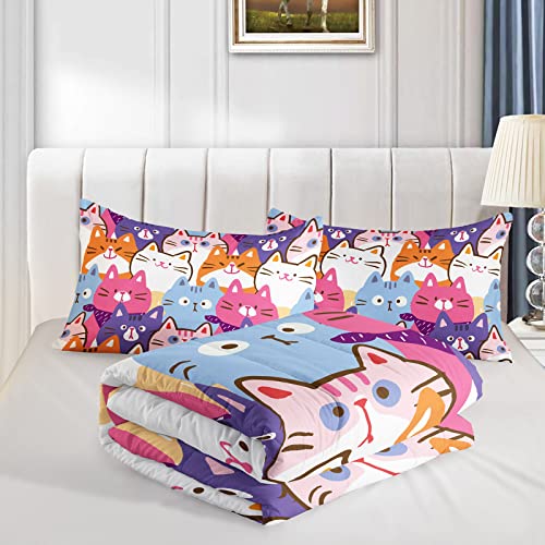 BSNTHO Cute Cat Comforter Set for Kids Boys Girls Cartoon Cat Kawaii Bedding Sets Full Size Kitten Comforter with 2 Pillowcases for All Season Skin-Friendly Lightweight