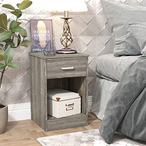 RAAMZO 2-Tier Nightstand End Table Side Table for Bedroom Home Office Bedside Cabinets with 1-Drawer and Open Shelf, Weathered Grey