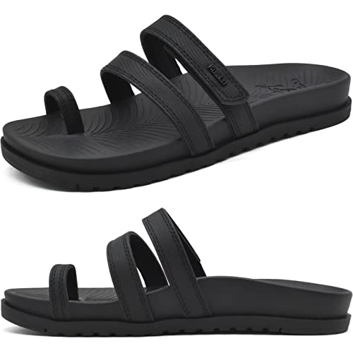 KuaiLu Womens Slides Sandals with Plantar Fasciitis Arch Support Fashion Comfort Adjustable Flat Sandals Ladies Lightweight Orthotic Slip on Sandals Black Size 8.5