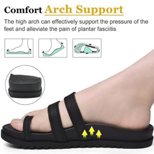 KuaiLu Womens Slides Sandals with Plantar Fasciitis Arch Support Fashion Comfort Adjustable Flat Sandals Ladies Lightweight Orthotic Slip on Sandals Black Size 8.5