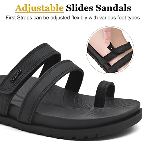 KuaiLu Womens Slides Sandals with Plantar Fasciitis Arch Support Fashion Comfort Adjustable Flat Sandals Ladies Lightweight Orthotic Slip on Sandals Black Size 8.5