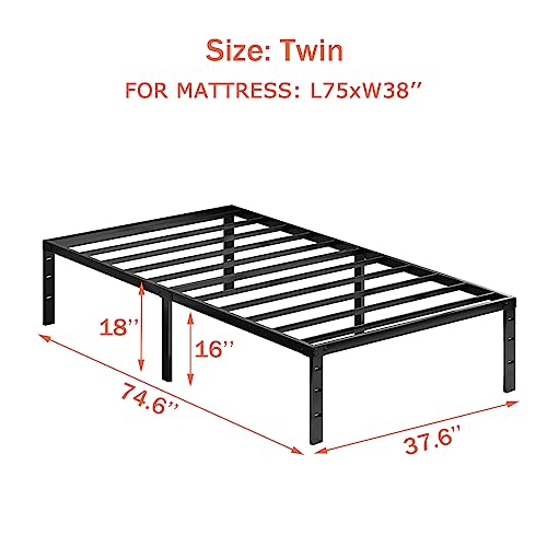 zunatu 18 Inch Twin Metal Bed Frame Foundation No Box Spring Needed Heavy Duty Tall Platform with Large Storage Easy Assembly Mattress Noise Free, Black