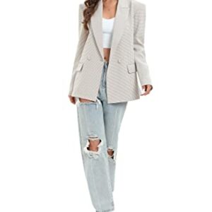 TRNY Women's Houndstooth Blazer Oversized Double-Breasted Suit Blazer Jacket Long Sleeve Casual Boyfriend Style Work Office Blazer with Pockets Mini Beige Houndstooth