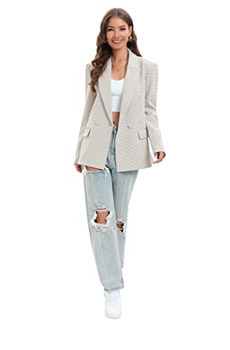 TRNY Women's Houndstooth Blazer Oversized Double-Breasted Suit Blazer Jacket Long Sleeve Casual Boyfriend Style Work Office Blazer with Pockets Mini Beige Houndstooth