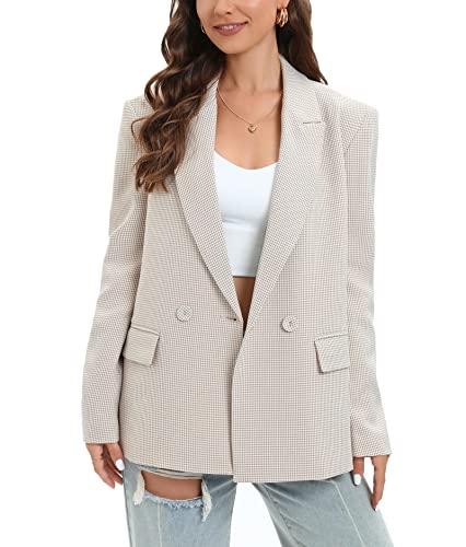 TRNY Women's Houndstooth Blazer Oversized Double-Breasted Suit Blazer Jacket Long Sleeve Casual Boyfriend Style Work Office Blazer with Pockets Mini Beige Houndstooth