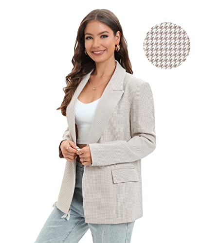 TRNY Women's Houndstooth Blazer Oversized Double-Breasted Suit Blazer Jacket Long Sleeve Casual Boyfriend Style Work Office Blazer with Pockets Mini Beige Houndstooth