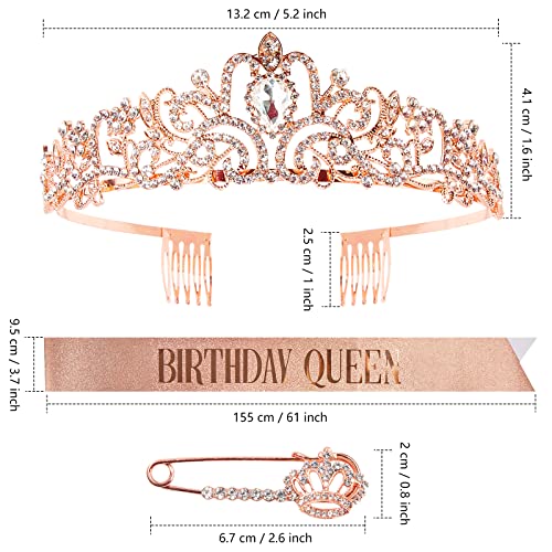 "BIRTHDAY QUEEN" Sash and Rhinestone Tiara Set, Birthday Tiara Crown Glitter Crystal Glitter Headband Hair Accessories for Girls Women Birthday Decorations Kit, Party Favors (Rose Gold)