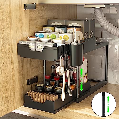 POWERWOO Under Sink Organizers and Storage with Double Sliding, Adjustable Height Under Cabinet Organizer for Kitchen, 2 tier Pull Out Under Bathroom Organizer Multi-purpose Drawer Shelf （1 pack）