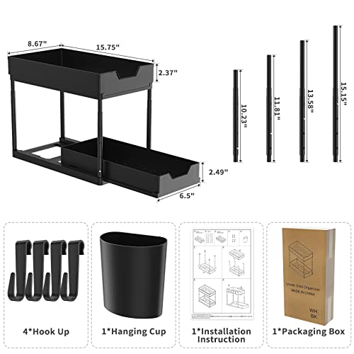 POWERWOO Under Sink Organizers and Storage with Double Sliding, Adjustable Height Under Cabinet Organizer for Kitchen, 2 tier Pull Out Under Bathroom Organizer Multi-purpose Drawer Shelf （1 pack）