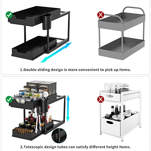 POWERWOO Under Sink Organizers and Storage with Double Sliding, Adjustable Height Under Cabinet Organizer for Kitchen, 2 tier Pull Out Under Bathroom Organizer Multi-purpose Drawer Shelf （1 pack）