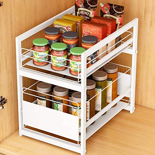 LIFOND Under Sink Storage Under Sink Shelf Kitchen Tidy Organiser,Kitchen Storage Rack,Retractable Sliding Drawer Cabinet Storage Rack,Bathroom Storage Rack Under Sink Shelf, White 21 * 40 * 40cm