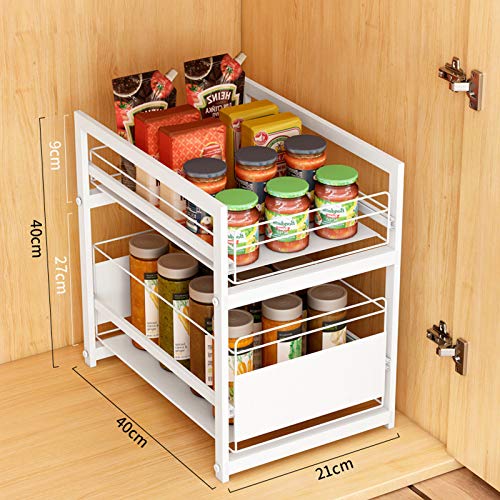 LIFOND Under Sink Storage Under Sink Shelf Kitchen Tidy Organiser,Kitchen Storage Rack,Retractable Sliding Drawer Cabinet Storage Rack,Bathroom Storage Rack Under Sink Shelf, White 21 * 40 * 40cm