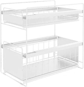 lifond under sink storage under sink organizer rack with sliding storage drawer, 2 tier pull out cabinets organizer shelf, sliding kitchen countertop storage basket white-large, white l