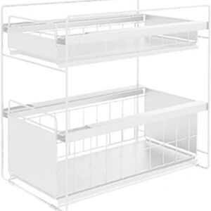 LIFOND Under Sink Storage Under Sink Organizer Rack with Sliding Storage Drawer, 2 Tier Pull Out Cabinets Organizer Shelf, Sliding Kitchen Countertop Storage Basket White-Large, White L