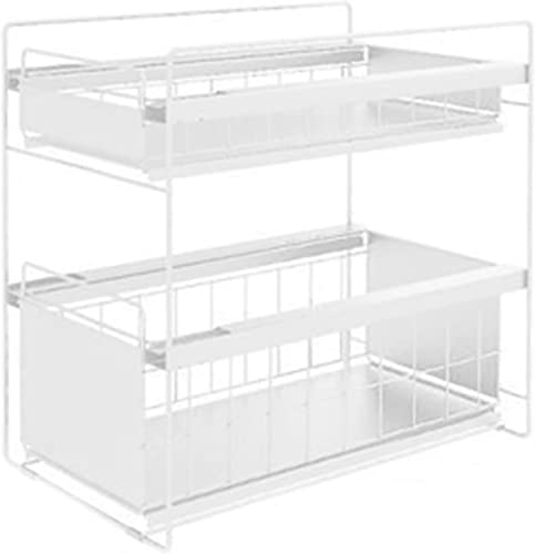 LIFOND Under Sink Storage Under Sink Organizer Rack with Sliding Storage Drawer, 2 Tier Pull Out Cabinets Organizer Shelf, Sliding Kitchen Countertop Storage Basket White-Large, White L