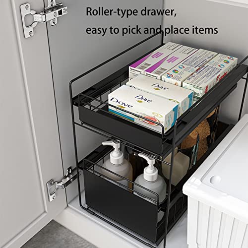 LIFOND Under Sink Storage Under Sink Organizer Rack with Sliding Storage Drawer, 2 Tier Pull Out Cabinets Organizer Shelf, Sliding Kitchen Countertop Storage Basket White-Large, White L