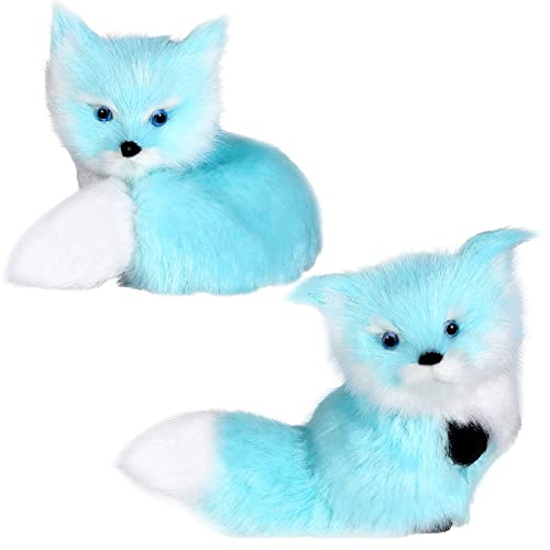 2-Piece Blue Mini Fox Simulation Toy Figures - Fur-Stuffed, Standing & Sitting Plush Action - for Home, Office & Bag Decoration (3.94x3.54 in, 3.15x2.75 in)