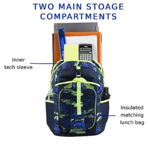 FUEL Backpack with Lunch Box Combo – 18” Two Compartment Water Resistant Durable Adjustable Straps with Side Water Bottle Pockets 2 in 1 Set - Blue w/Neon Digital