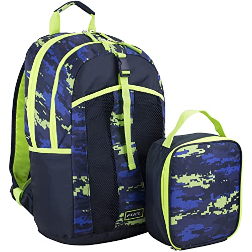 FUEL Backpack with Lunch Box Combo – 18” Two Compartment Water Resistant Durable Adjustable Straps with Side Water Bottle Pockets 2 in 1 Set - Blue w/Neon Digital