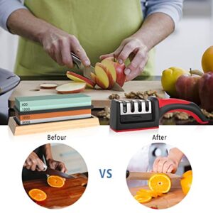 Knife Sharpening Stone Set, 4 Side Grit 400/1000 3000/8000 Whetstone, Professional Knife Sharpener, Knife Sharpening Stone Kit with Bamboo Base,Cut Resistant Gloves,Angle Guide and Leather Strop