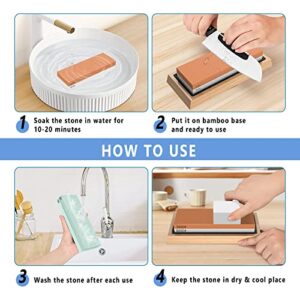 Knife Sharpening Stone Set, 4 Side Grit 400/1000 3000/8000 Whetstone, Professional Knife Sharpener, Knife Sharpening Stone Kit with Bamboo Base,Cut Resistant Gloves,Angle Guide and Leather Strop