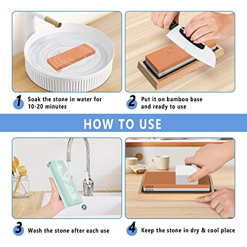 Knife Sharpening Stone Set, 4 Side Grit 400/1000 3000/8000 Whetstone, Professional Knife Sharpener, Knife Sharpening Stone Kit with Bamboo Base,Cut Resistant Gloves,Angle Guide and Leather Strop