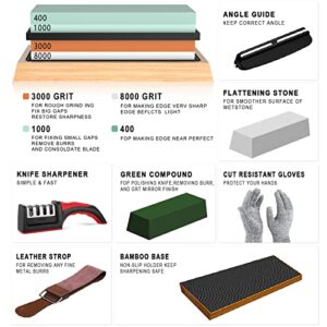 Knife Sharpening Stone Set, 4 Side Grit 400/1000 3000/8000 Whetstone, Professional Knife Sharpener, Knife Sharpening Stone Kit with Bamboo Base,Cut Resistant Gloves,Angle Guide and Leather Strop