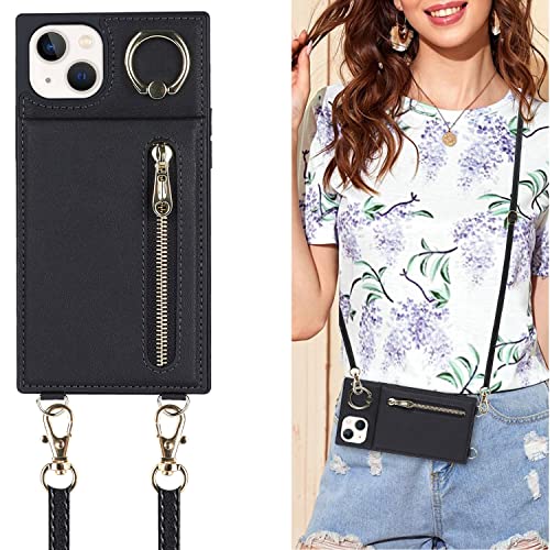 Jaorty iPhone 13 Mini Case with Card Holder,Crossbody Wallet Case for iPhone 13 Mini with Strap for Women，[Ring Holder Kickstand] Lanyard Leather PU Magnetic Clasp Zipper Purse,5.4" Black