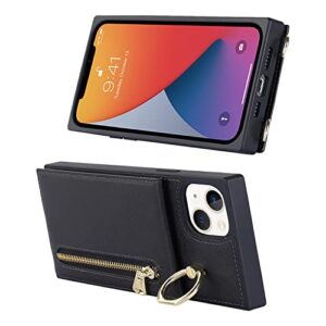 Jaorty iPhone 13 Mini Case with Card Holder,Crossbody Wallet Case for iPhone 13 Mini with Strap for Women，[Ring Holder Kickstand] Lanyard Leather PU Magnetic Clasp Zipper Purse,5.4" Black