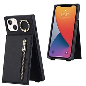 Jaorty iPhone 13 Mini Case with Card Holder,Crossbody Wallet Case for iPhone 13 Mini with Strap for Women，[Ring Holder Kickstand] Lanyard Leather PU Magnetic Clasp Zipper Purse,5.4" Black